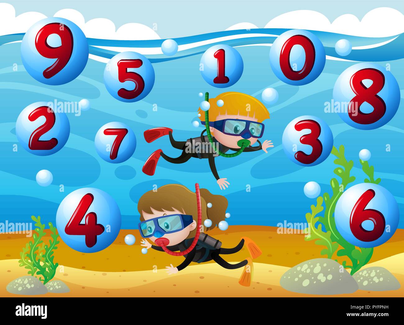 Kids scuba diving with numbers in the sea illustration Stock Vector ...