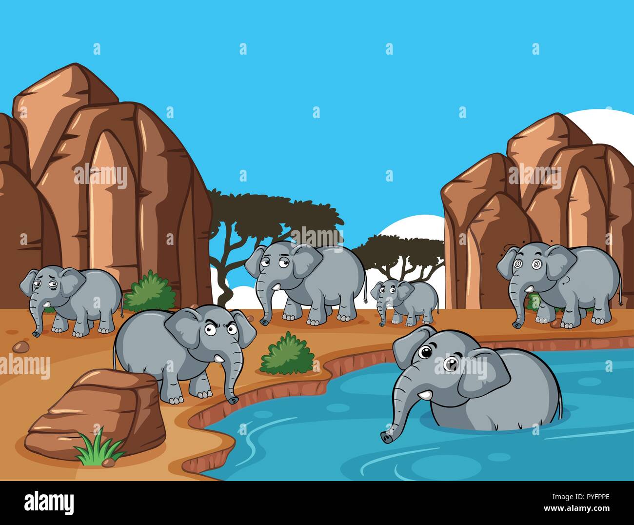 Wild elephants living by the pond illustration Stock Vector Image & Art ...