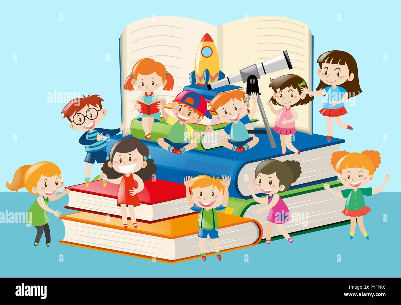Many kids sitting on big books illustration Stock Vector Image & Art ...
