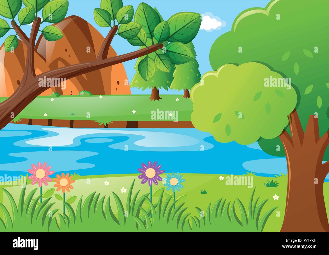 Scene with trees and river illustration Stock Vector Image & Art - Alamy