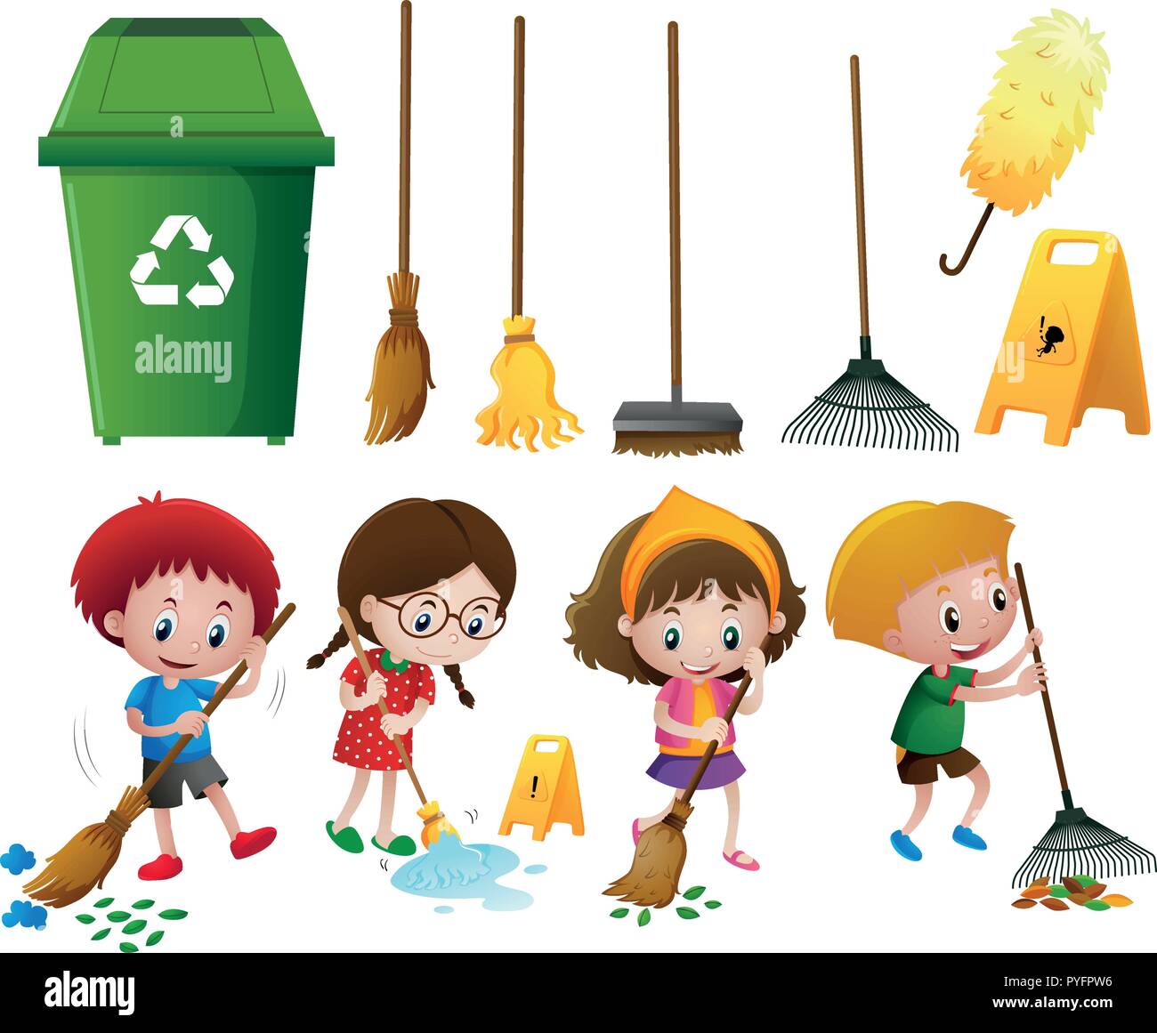 Many children doing chores with different equipments illustration Stock ...
