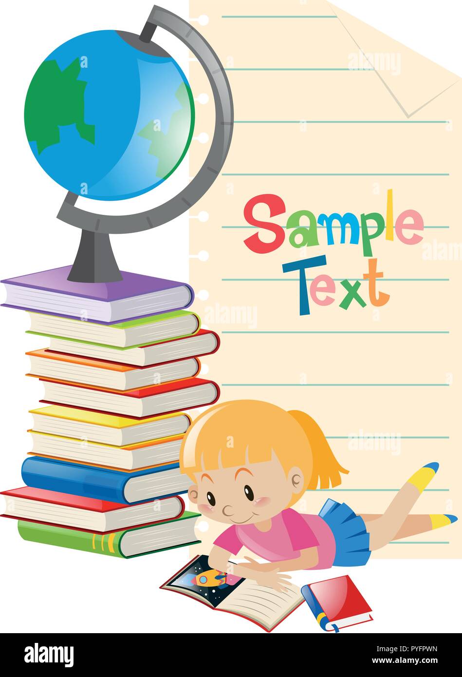 Line paper template with girl reading book in background illustration ...