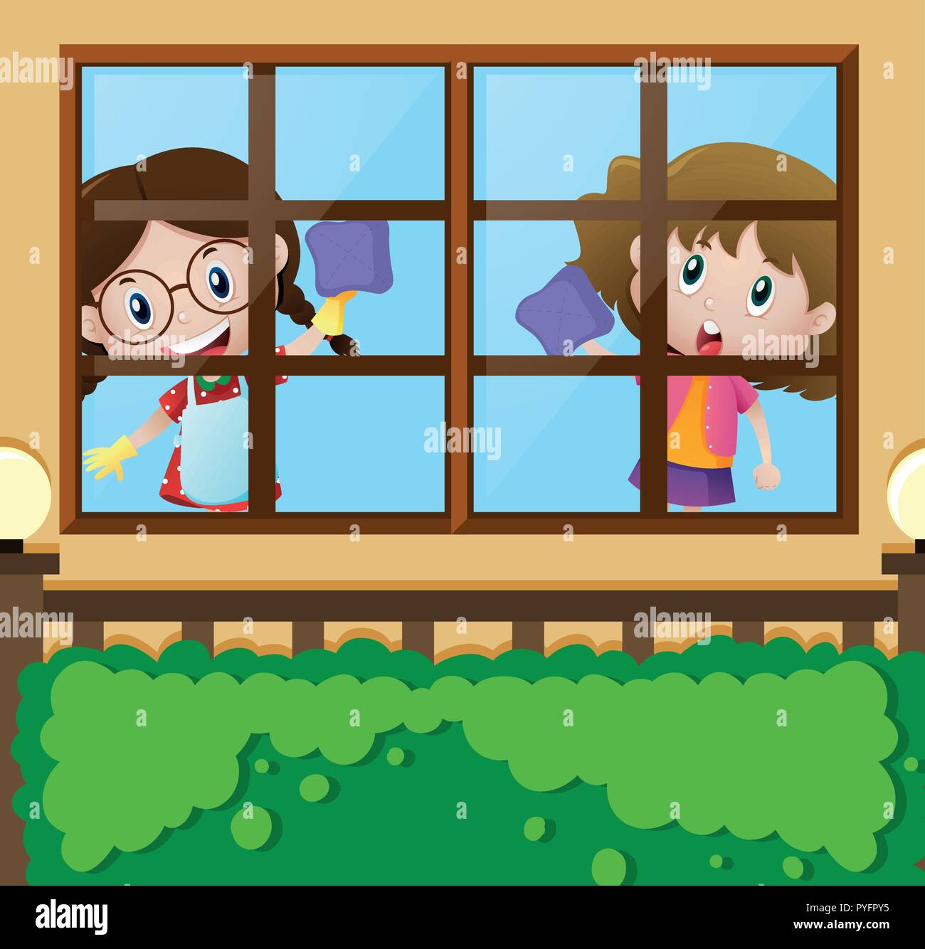 Two girls cleaning window at home illustration Stock Vector Image & Art ...
