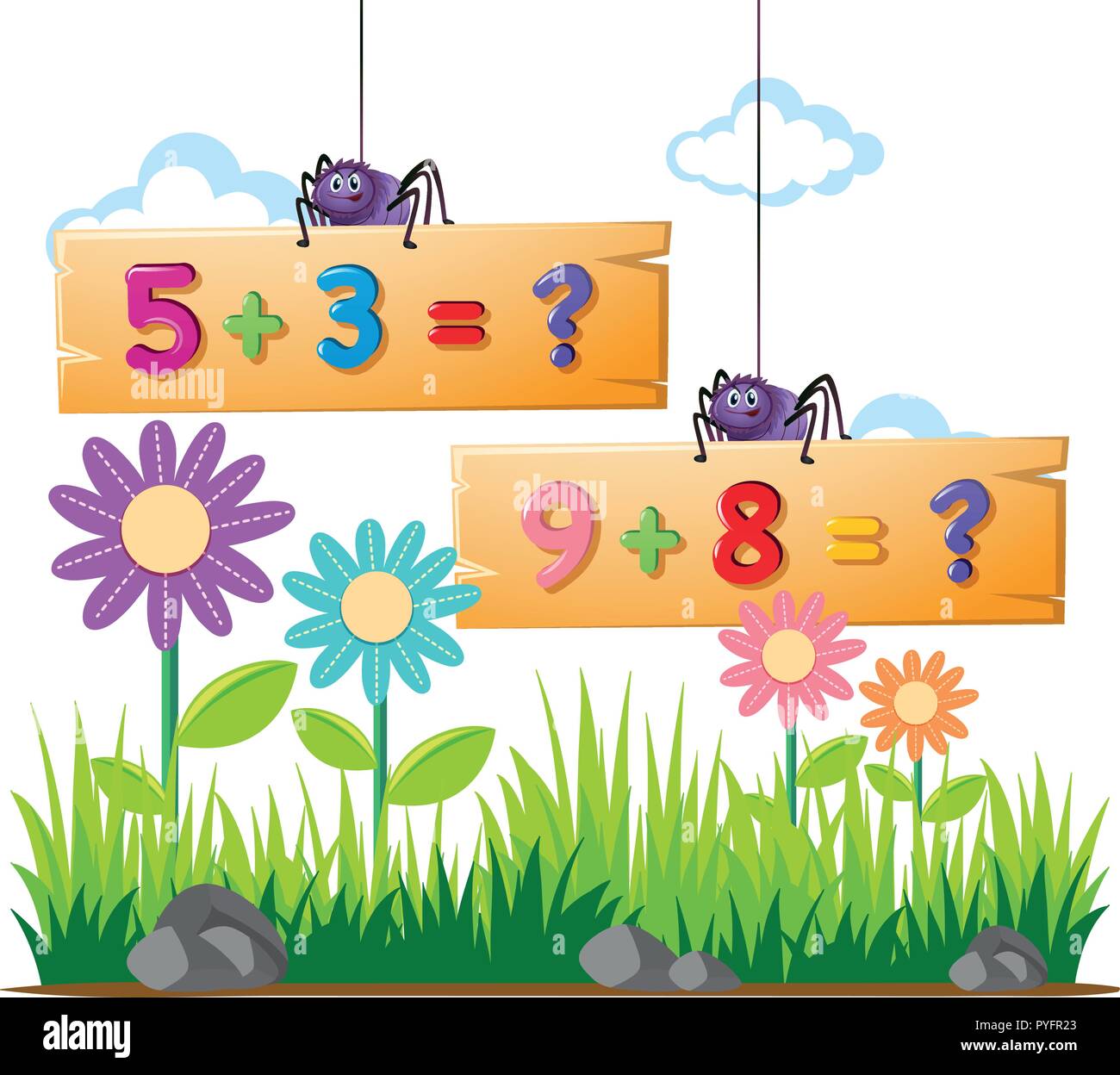 Addition questions and spiders in garden illustration Stock Vector ...