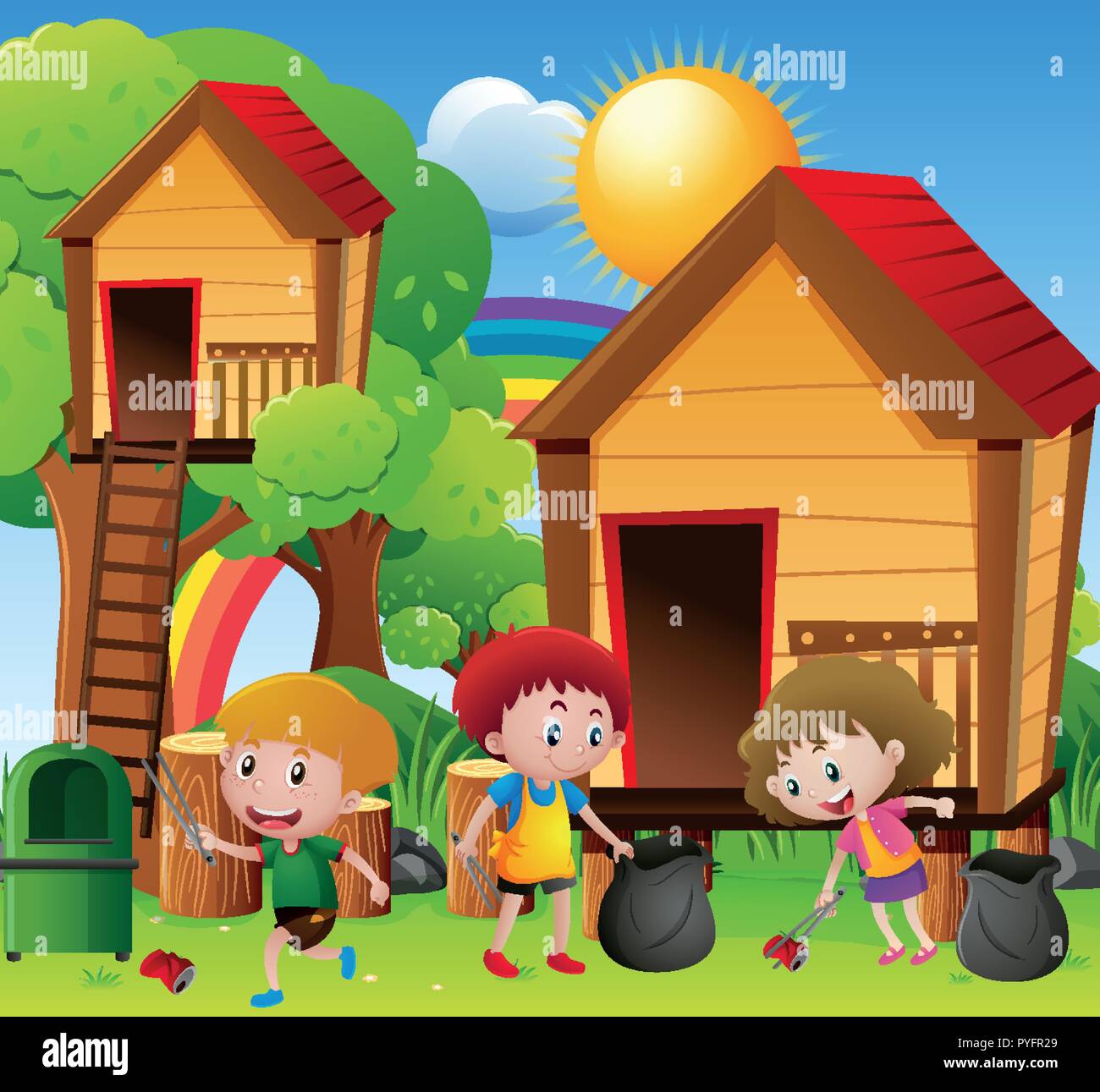 Children picking up trash in playground illustration Stock Vector Image ...