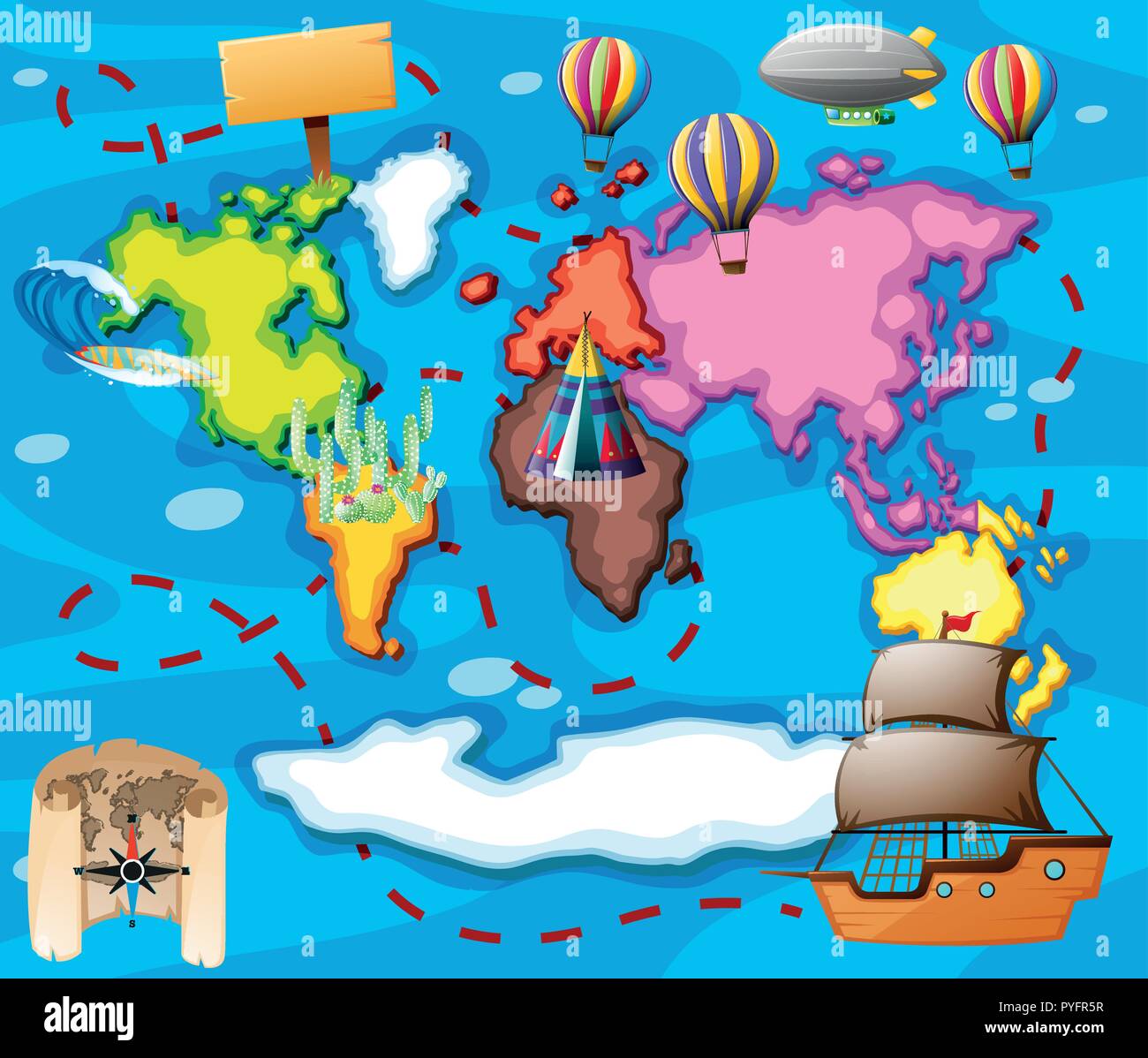 World map with different transportations illustration Stock Vector ...