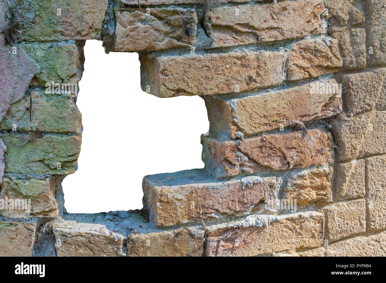 red brick wall whit a open gap in it isolated on white background ...