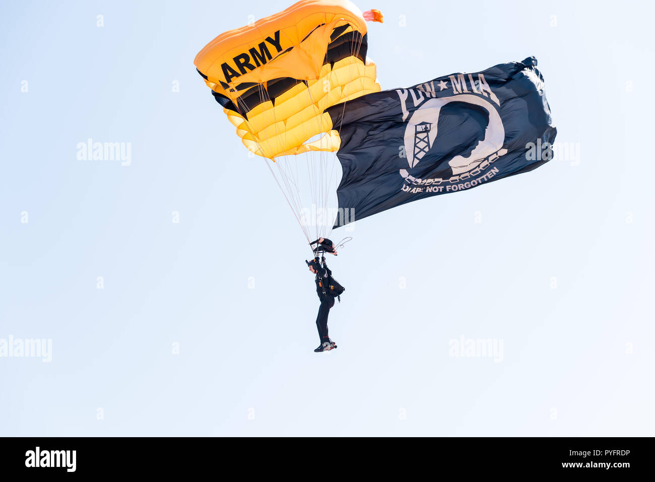 US Army Golden Knights Parachute team jumping, carrying US Army and POW ...