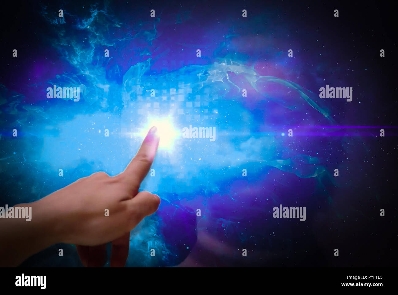 Index finger touches a touch screen and creates light and space effects ...