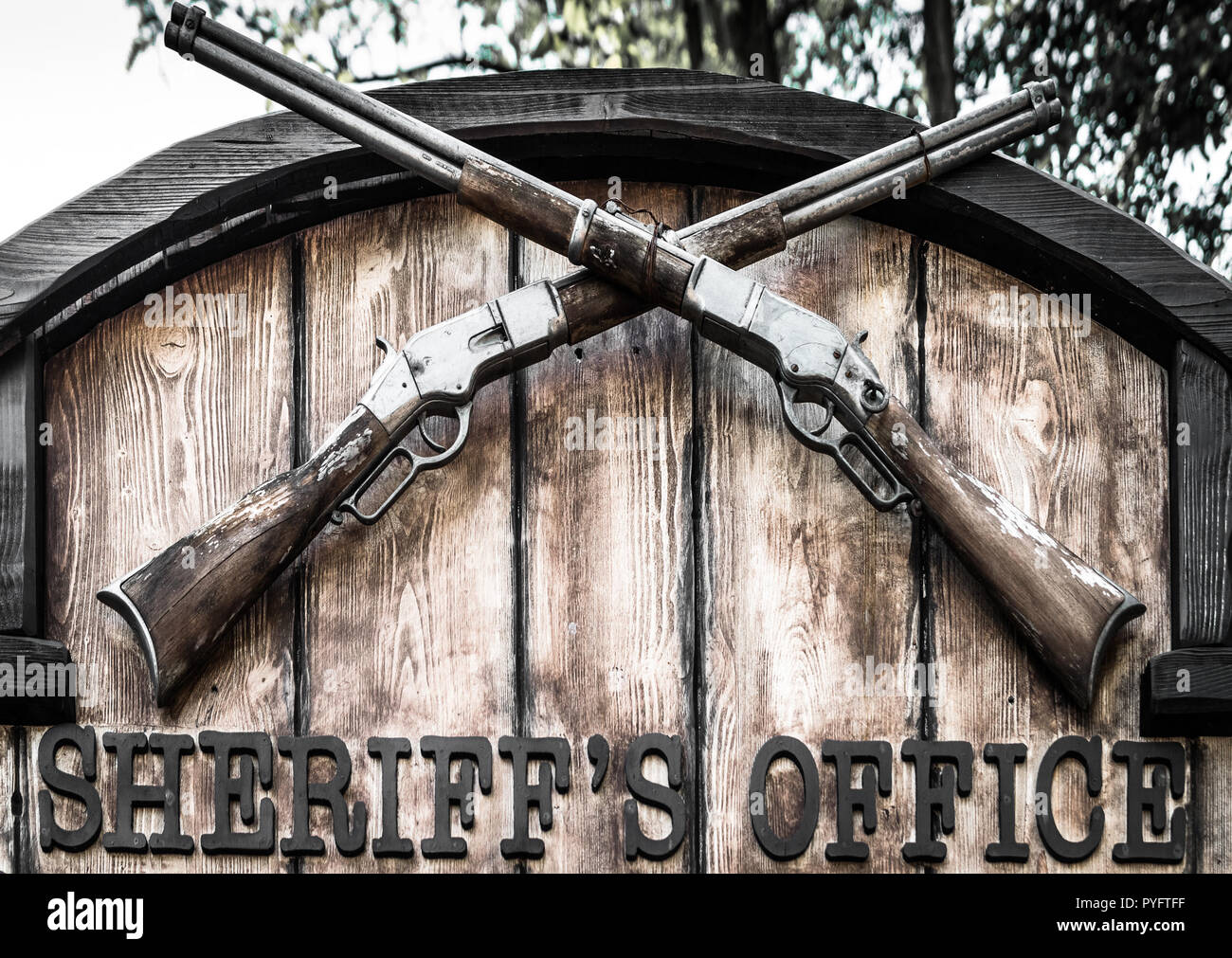 Signboard "Sheriff's Office" with two old crossed lever rifles Stock ...