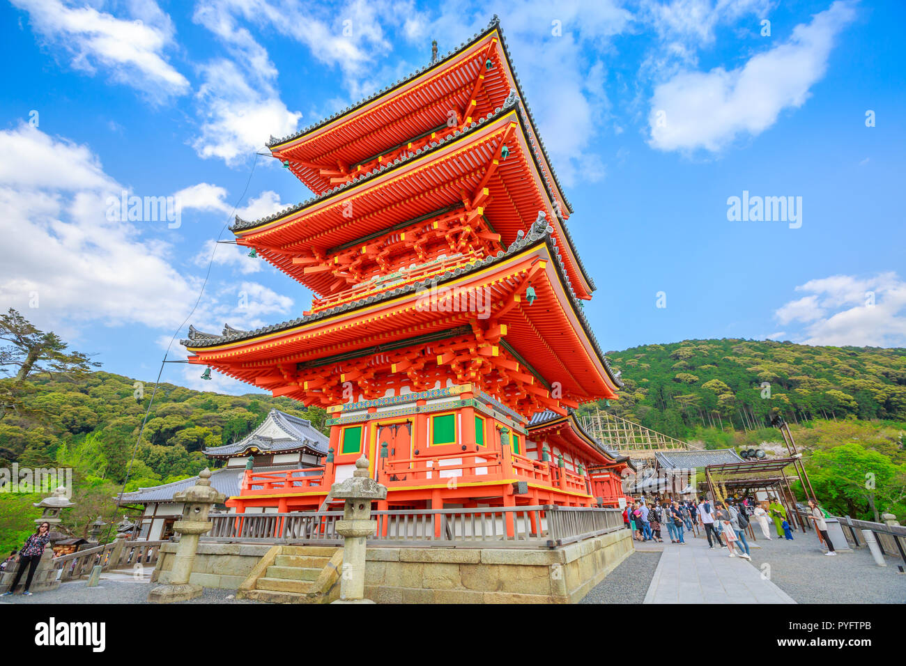 Kyoto, Japan - April 24, 2017: red Pagoda of Kiyomizu Temple with blue ...