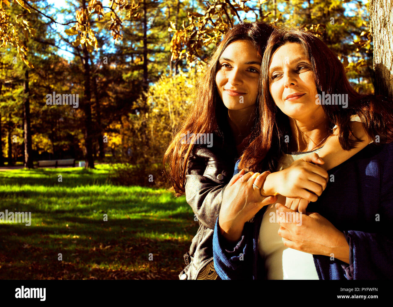 mature real mother with daughter outside autumn fall in park Stock ...