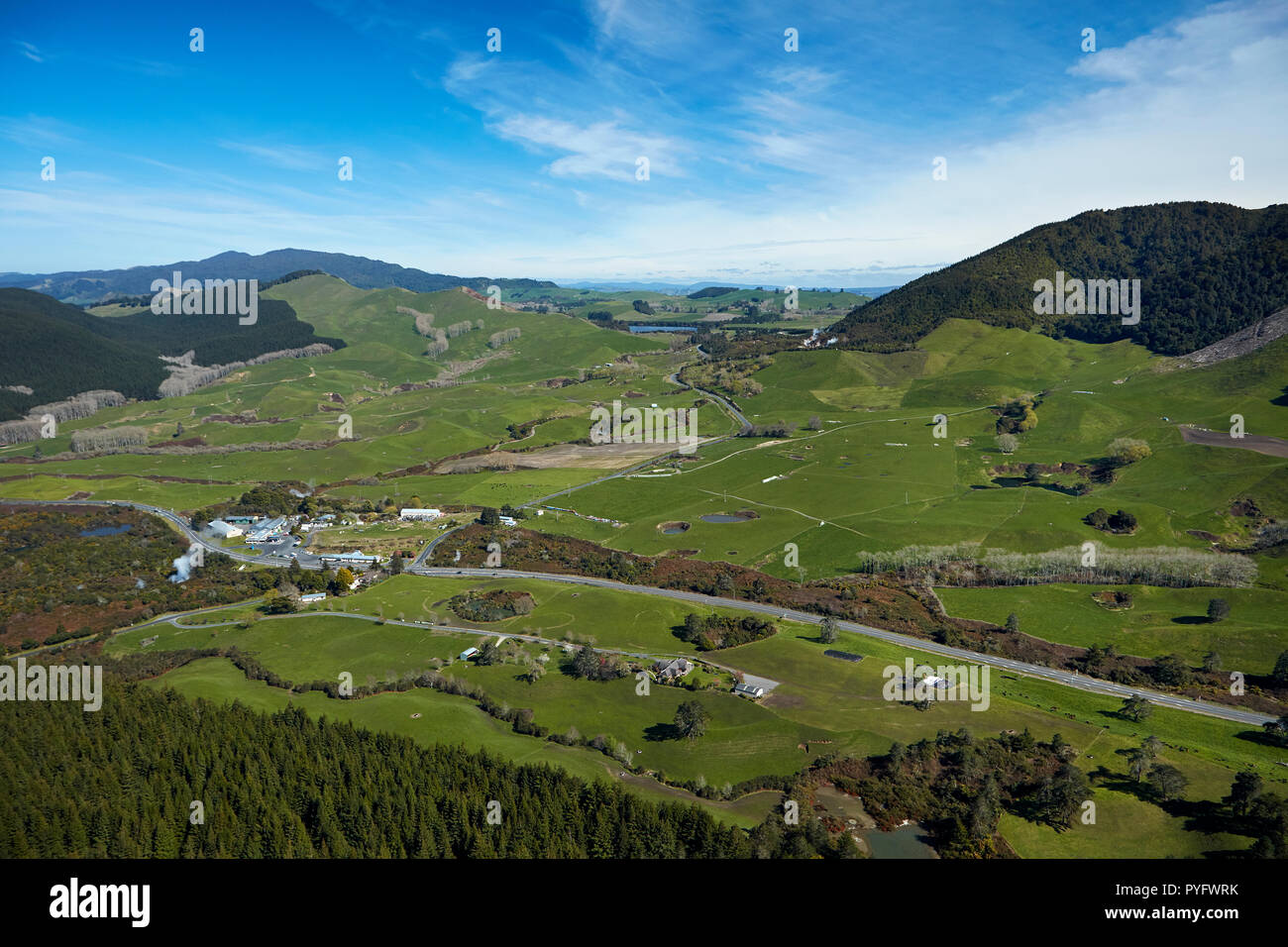 Farmland at Waiotapu, near Rotorua, North Island, New Zealand - aerial ...