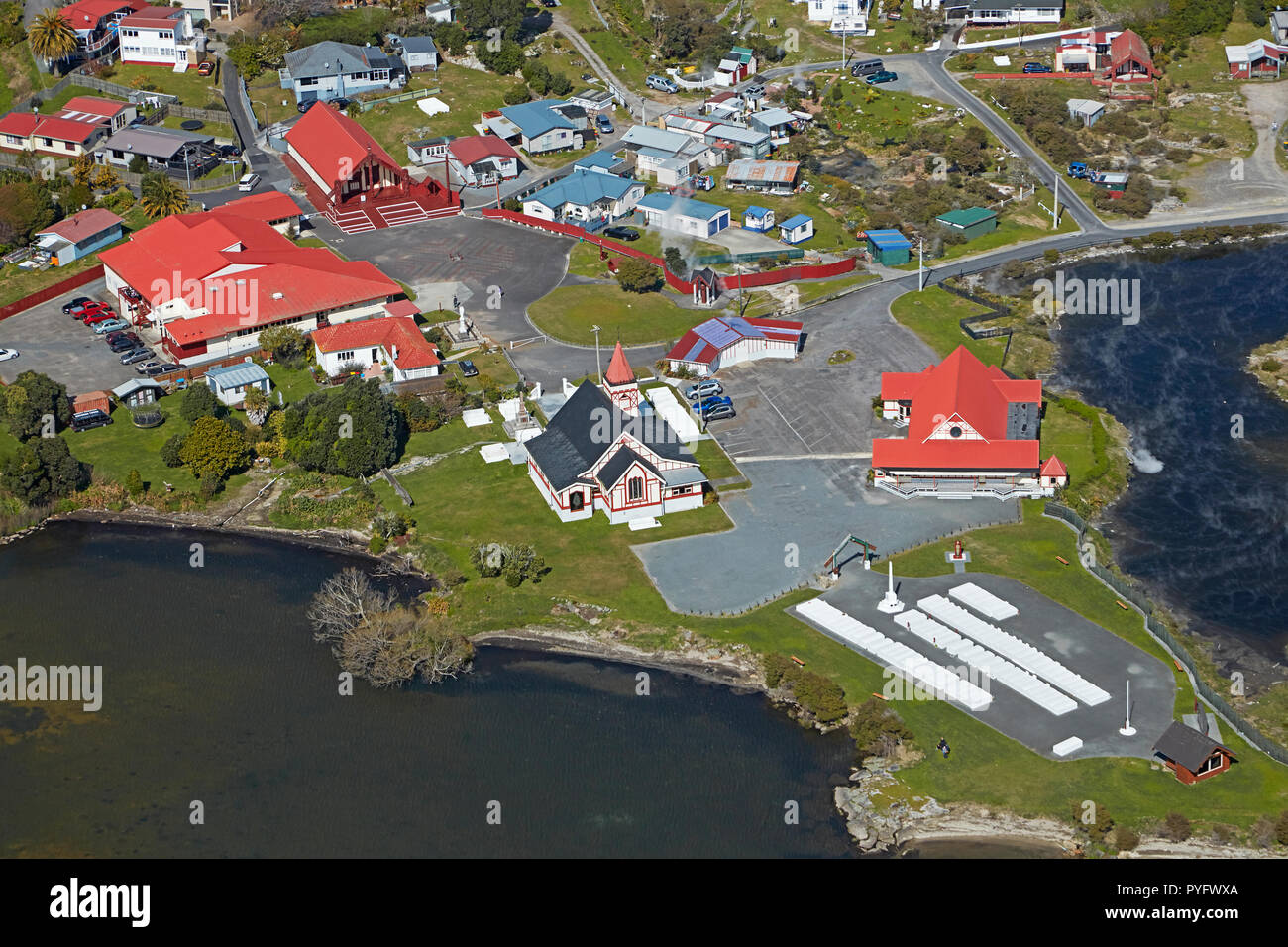 Ohinemutu Maori Village, Rotorua, North Island, New Zealand - aerial ...