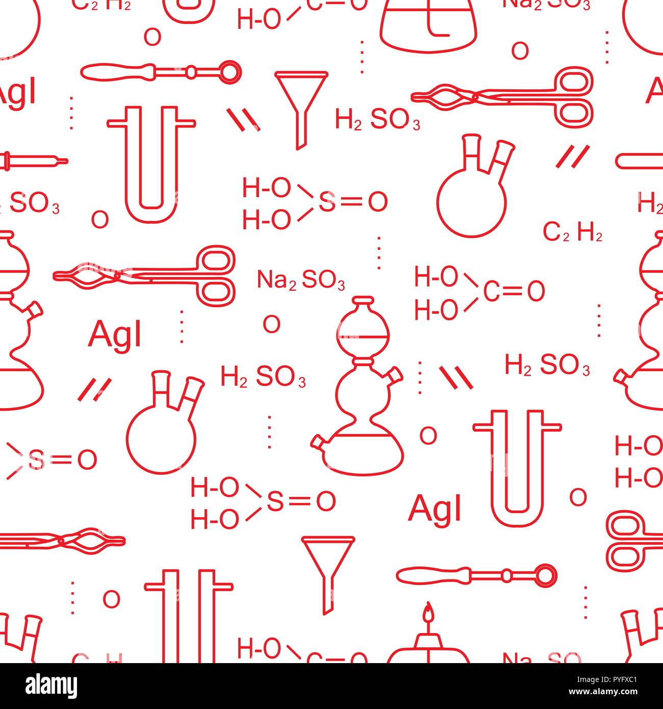 Scientific vector seamless pattern with flasks, burners, funnels, tools ...