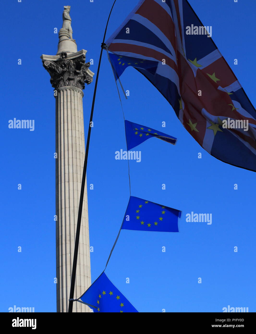London, UK -20, October 2018: British and European flags at Trafalgar ...
