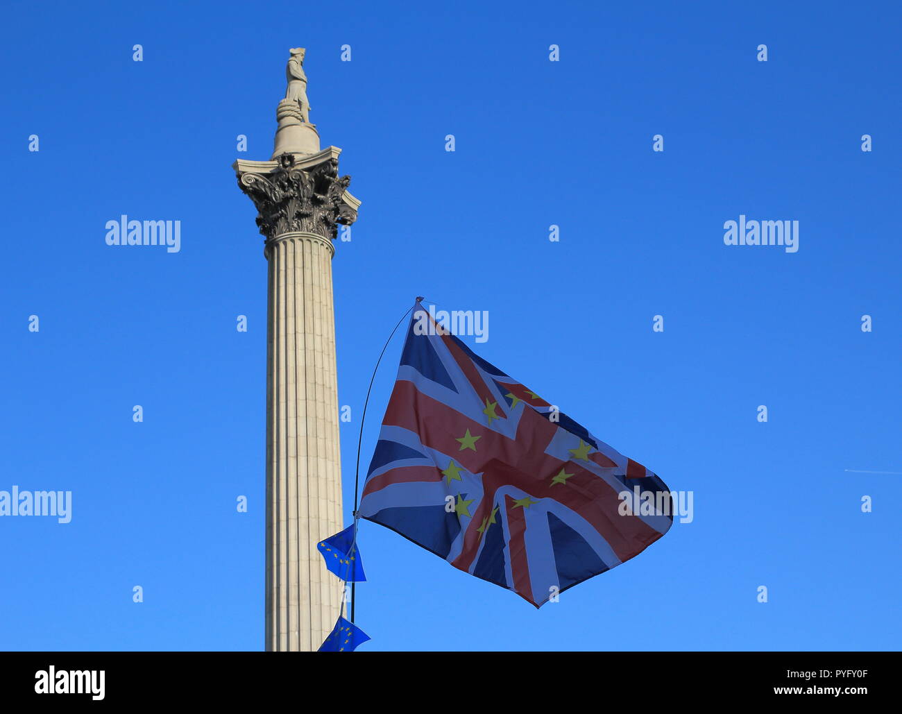 London, UK -20, October 2018: UK and EU flags at Trafalgar Square in ...