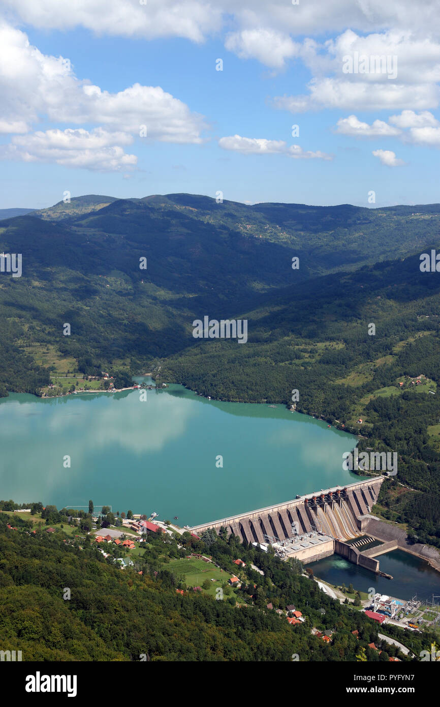 hydroelectric power plant Perucac on Drina river and hills landscape ...
