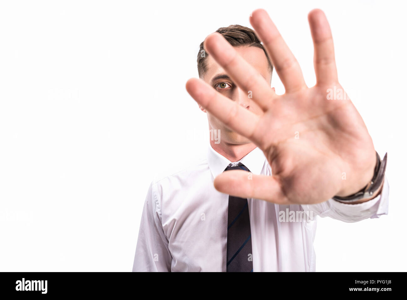 businessman in shirt and tie showing stop sign isolated on white Stock ...