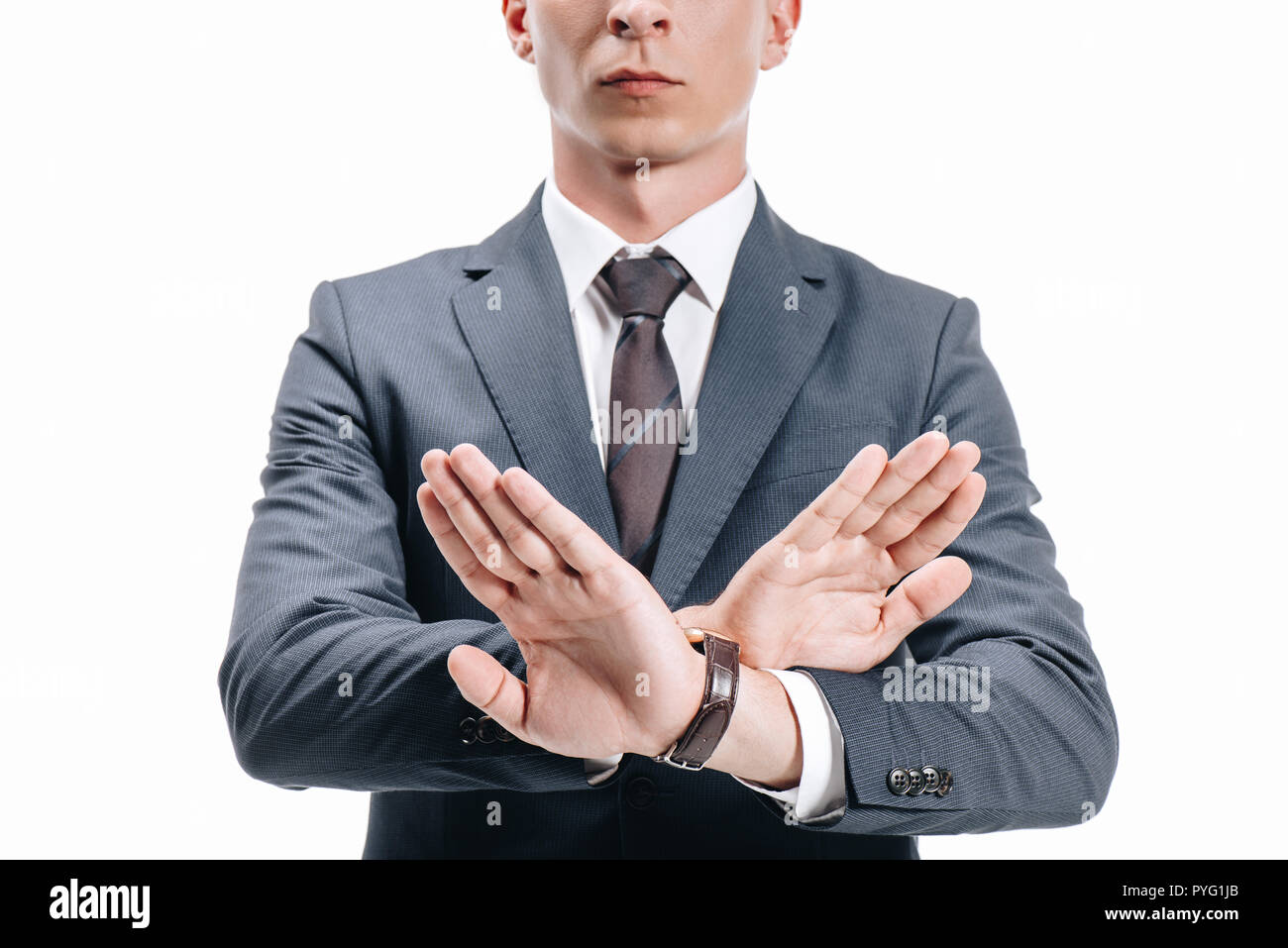 cropped image of businessman in suit showing rejection sign isolated on ...