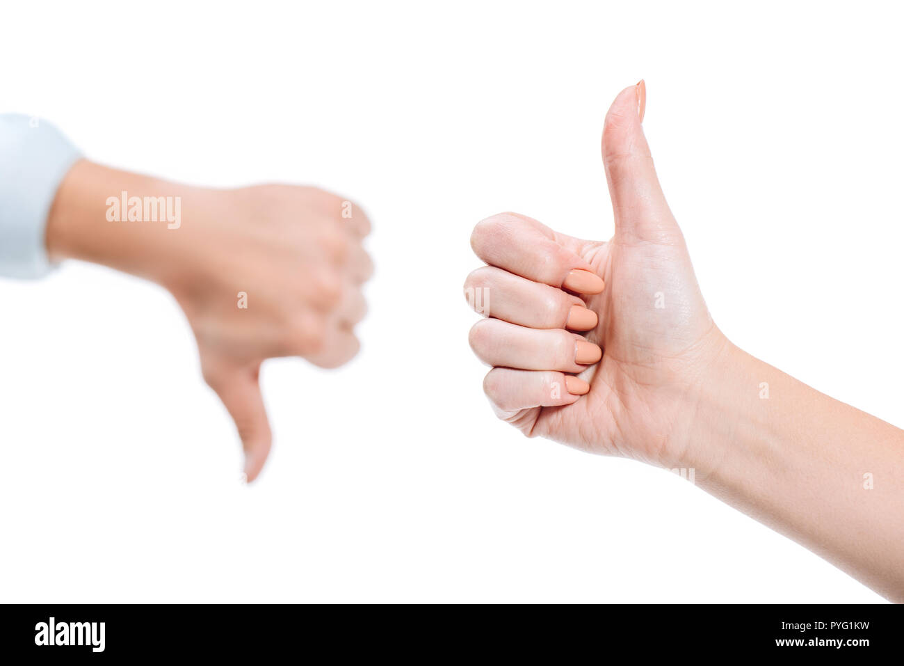 selective focus of woman and man showing thumb up and thumb down ...