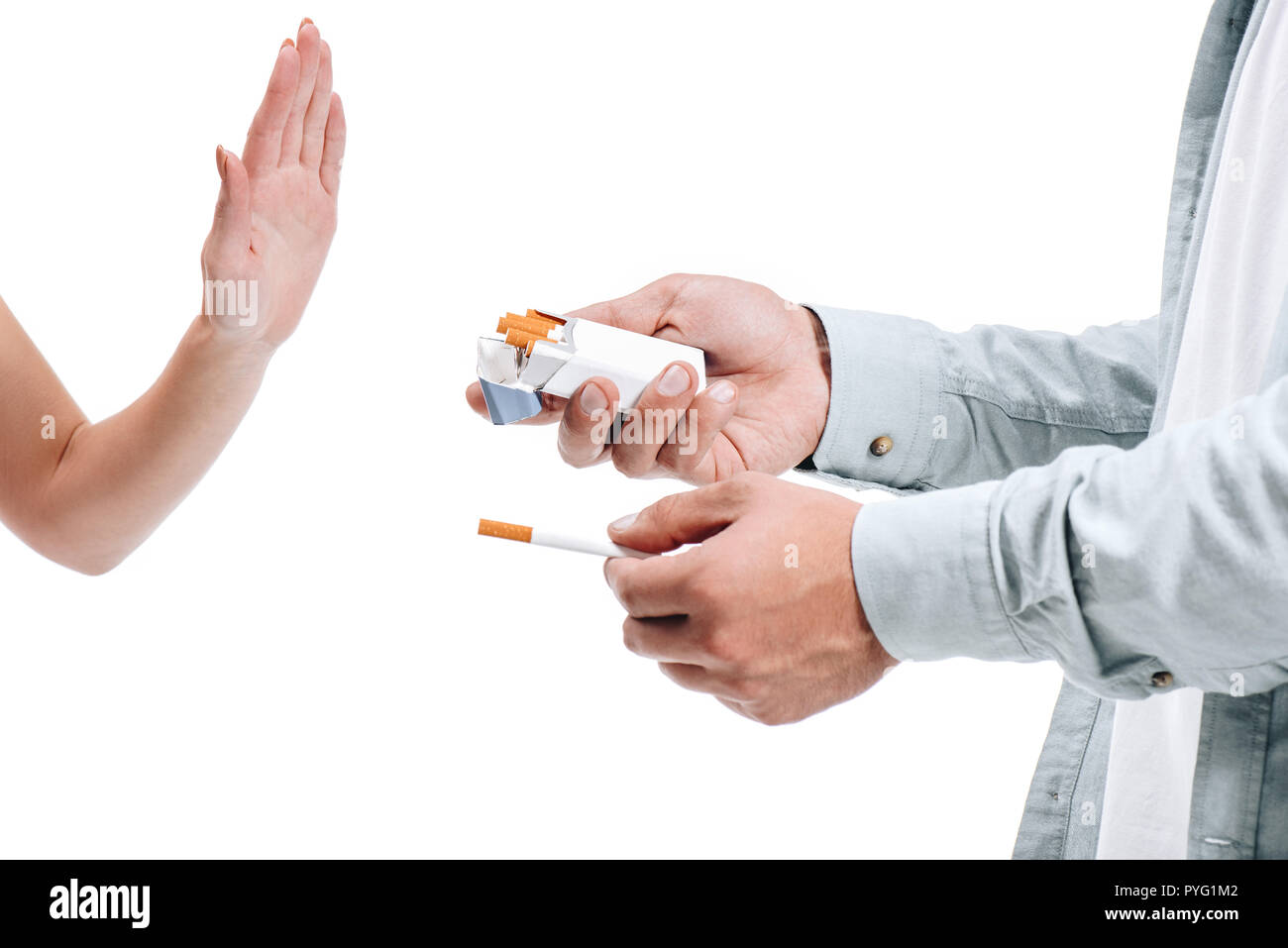 cropped image woman rejecting pack of cigarettes from man isolated on ...