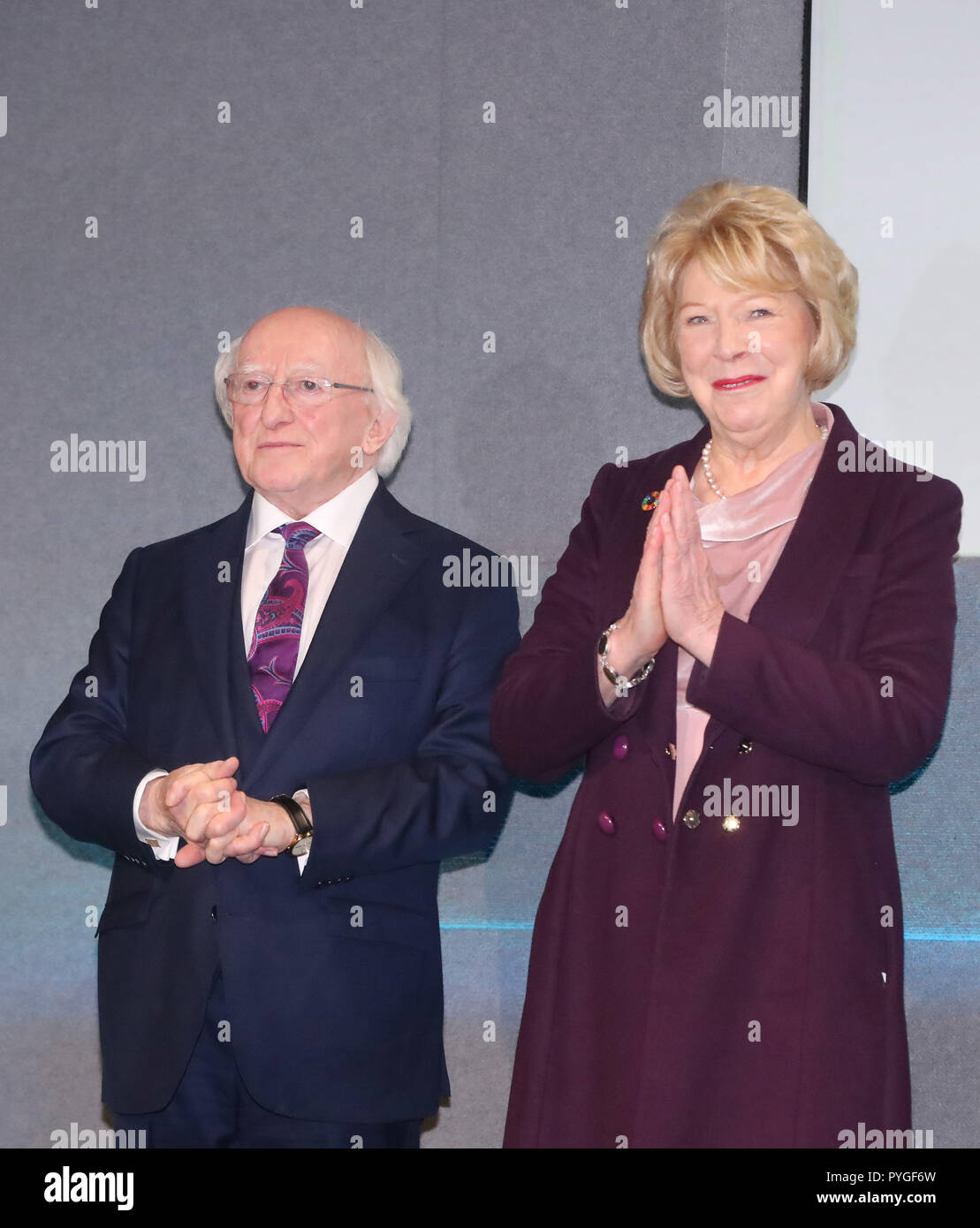 Michael D Higgins on stage with his wife Sabina at Dublin Castle as he ...