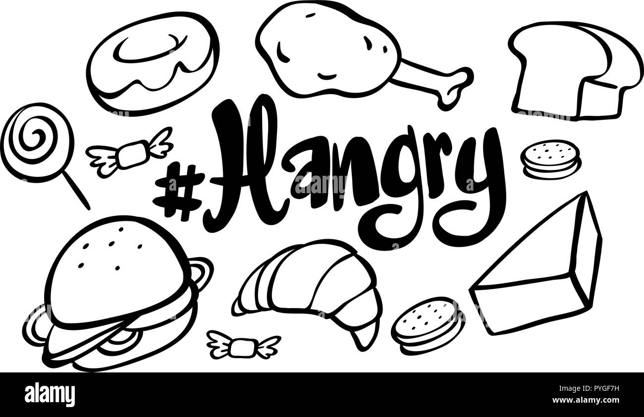 English phrase for hangry with different fastfood and desserts ...