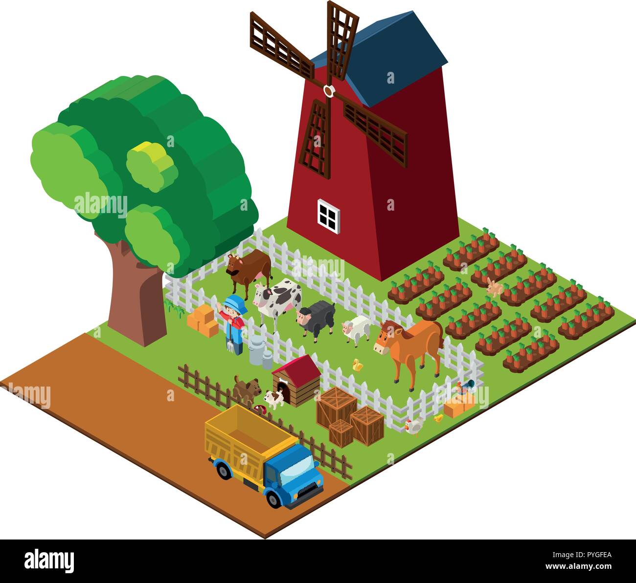 3D design for farmland with farmer and animals illustration Stock ...