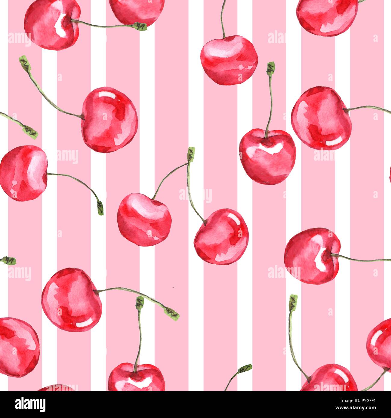 Cherry. Watercolor illustration vibrant striped seamless pattern Stock ...