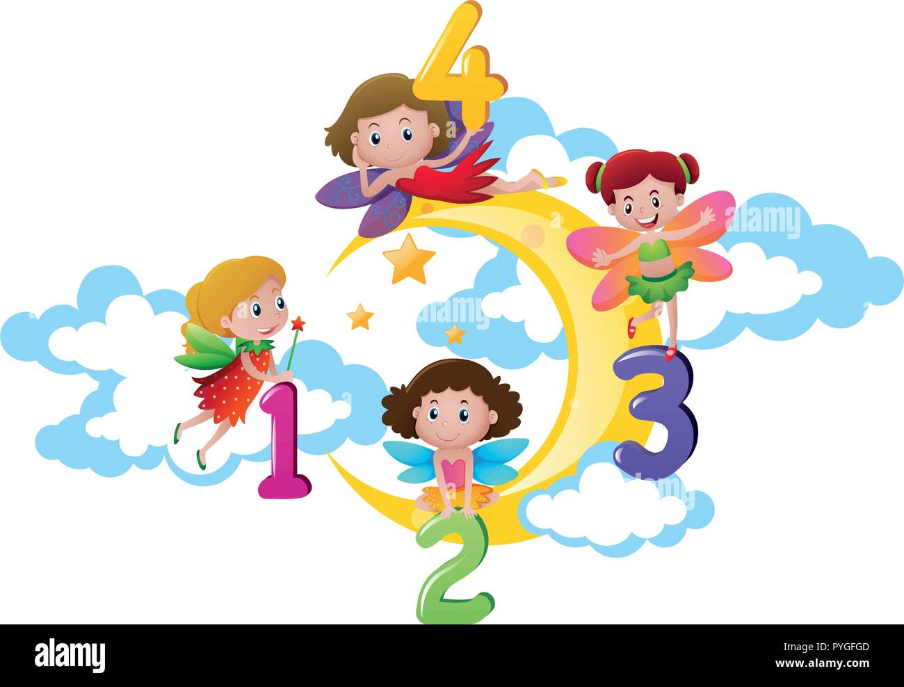 Four fairies counting numbers on the moon illustration Stock Vector ...