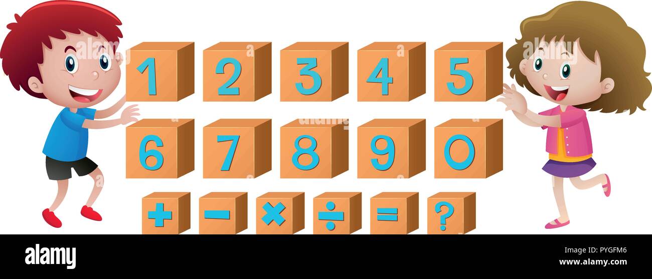 Numbers on cubes and happy kids in background illustration Stock Vector ...