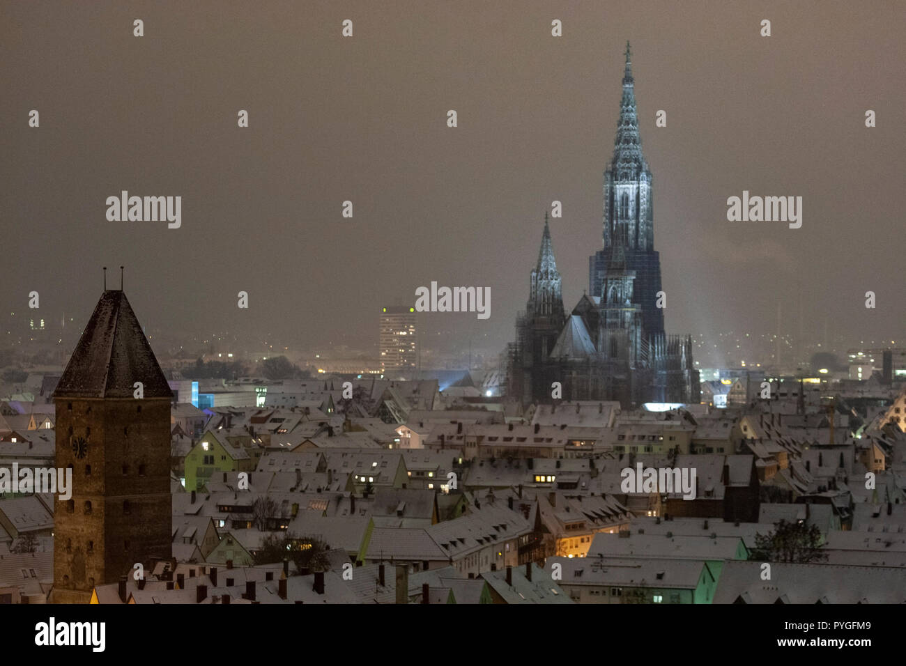 Snow winter view of Ulm from Maritim Hotel with the Ulm Minster at ...