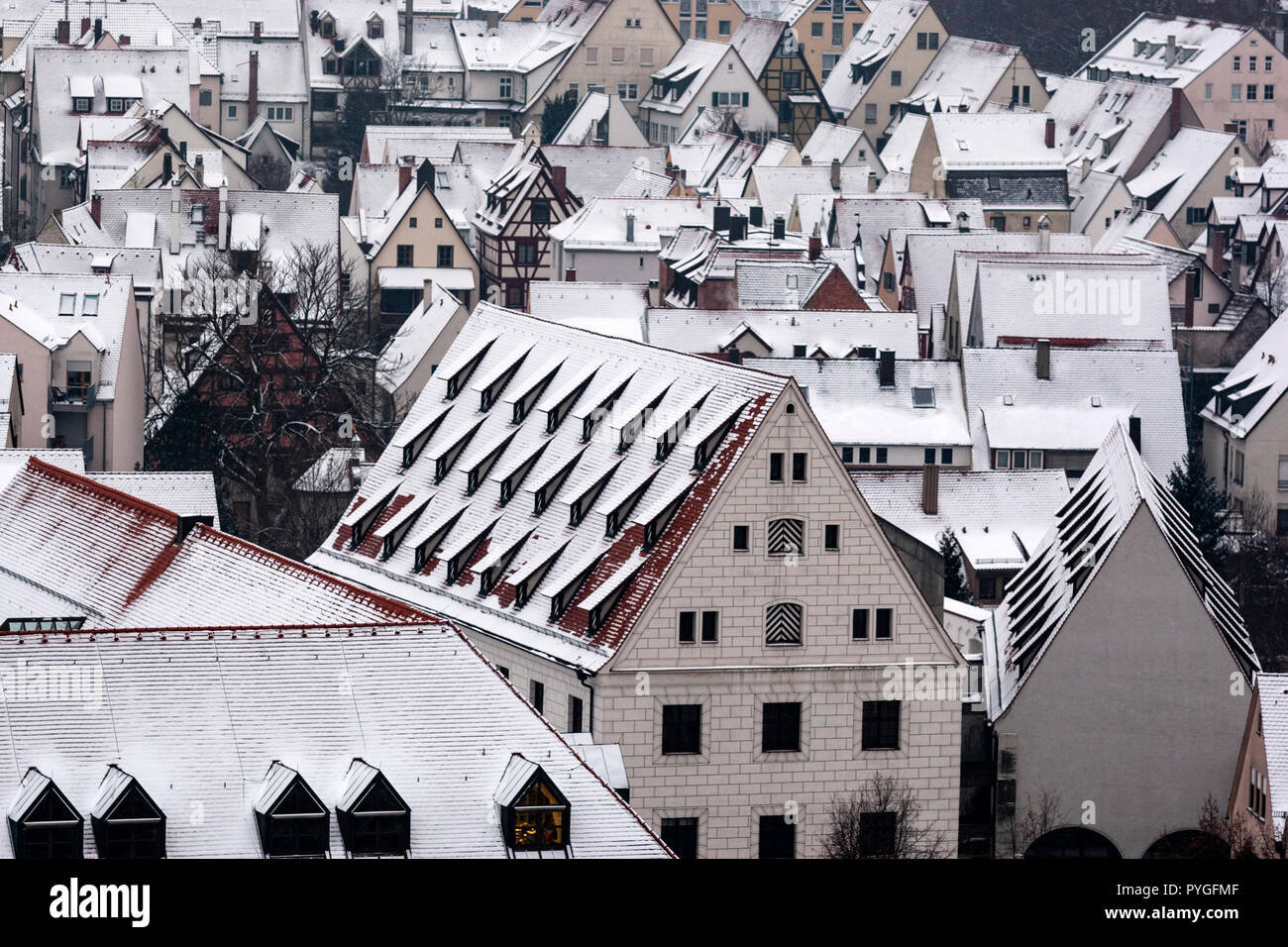 Snow winter view of Ulm from Maritim Hotel with houses roof, Baden ...