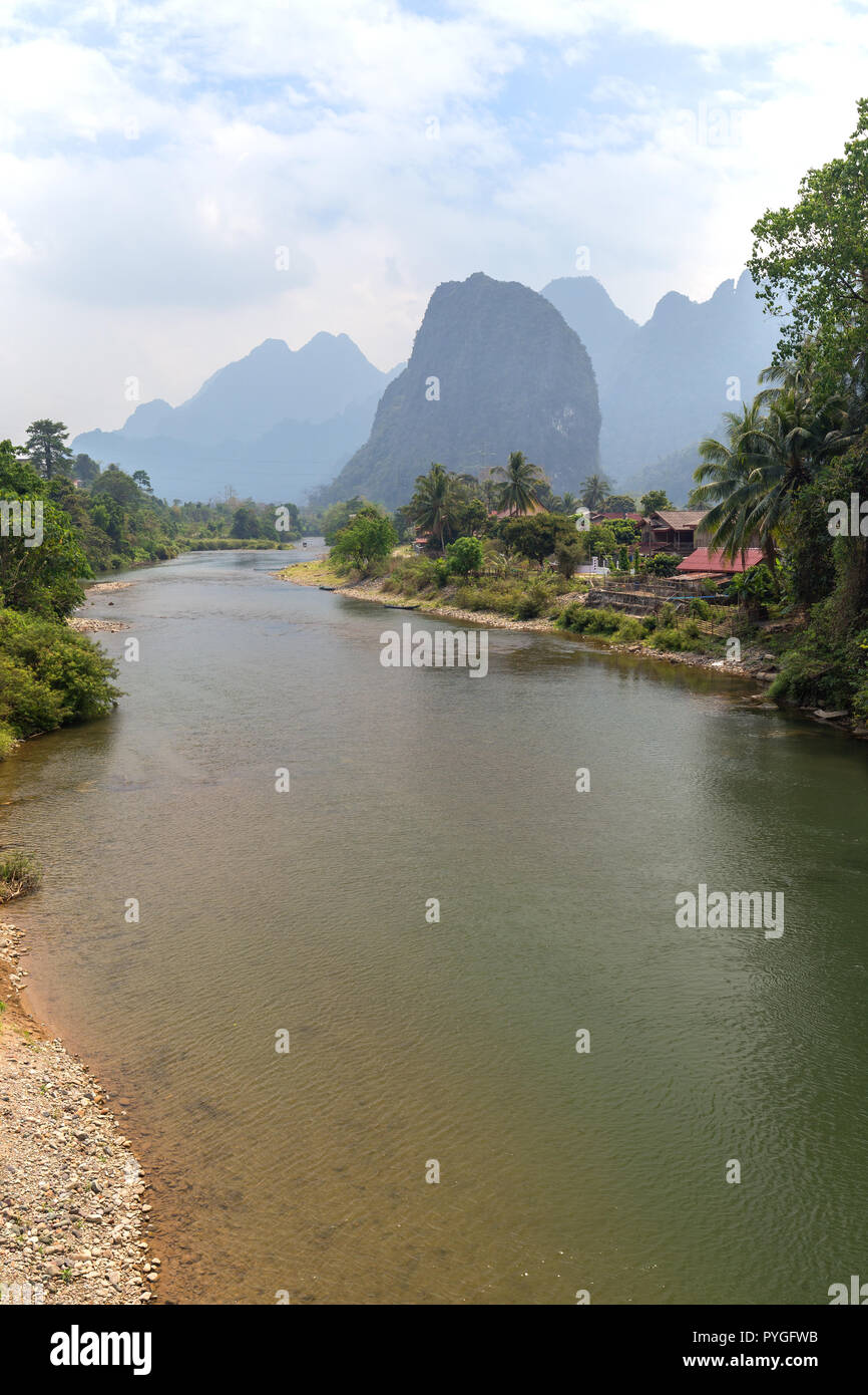 Scenic view of the Nam Song River, Pha Tang village and limestone ...