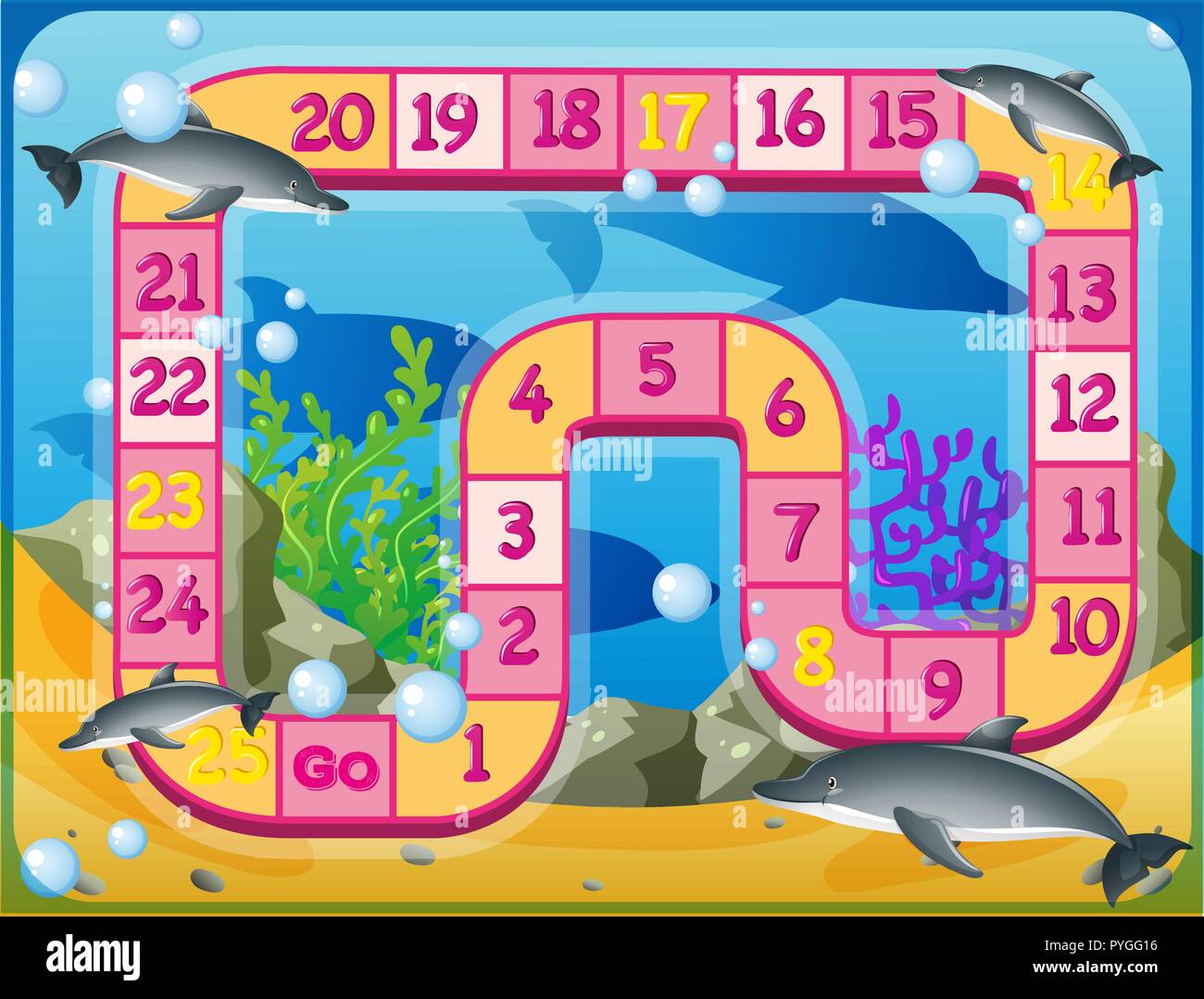 Boardgame template with dolphins swimming underwater illustration Stock ...