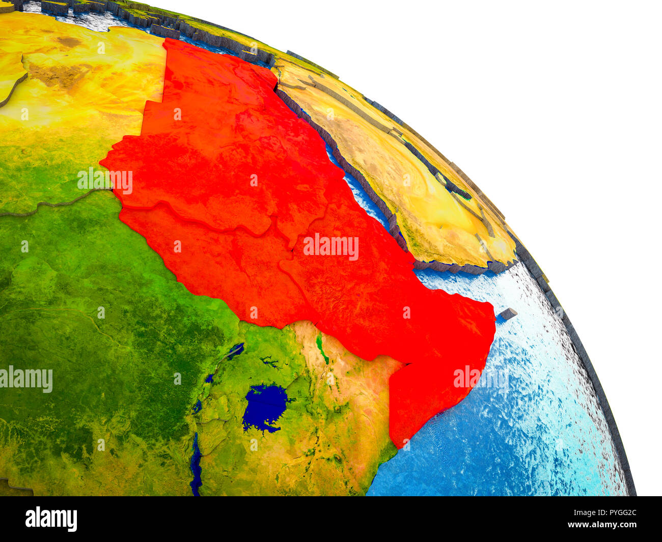 Northeast Africa Highlighted on 3D Earth model with water and visible ...