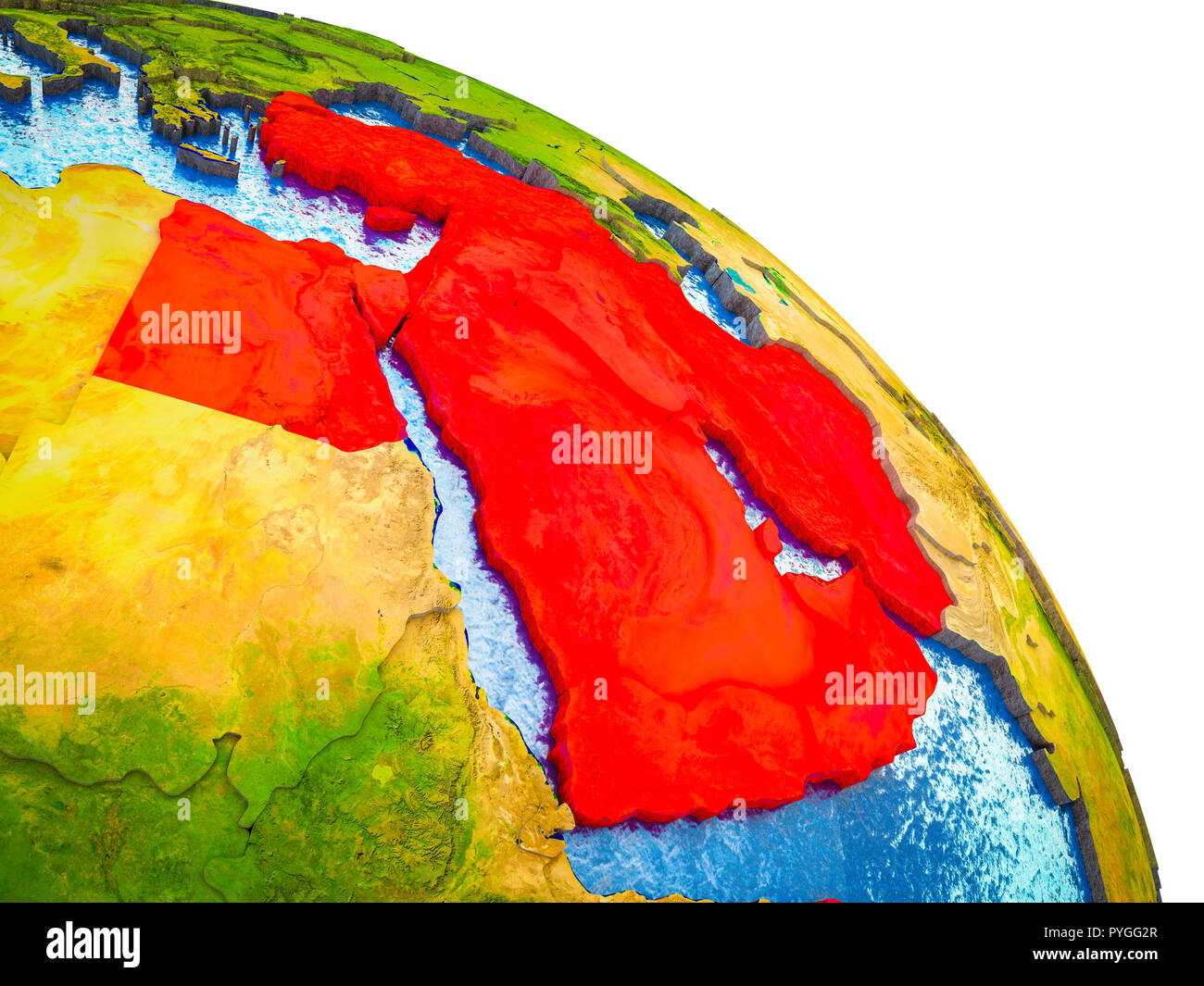 Middle East Highlighted on 3D Earth model with water and visible ...