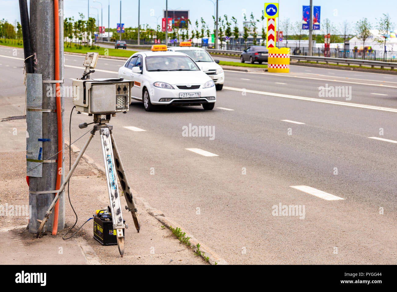 Kazan, Russia - June 12, 2018: Traffic enforcement camera and vehicles ...