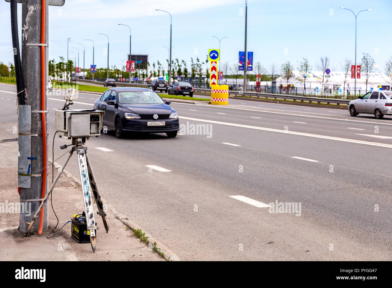 Kazan, Russia - June 12, 2018: Traffic enforcement camera and vehicles ...