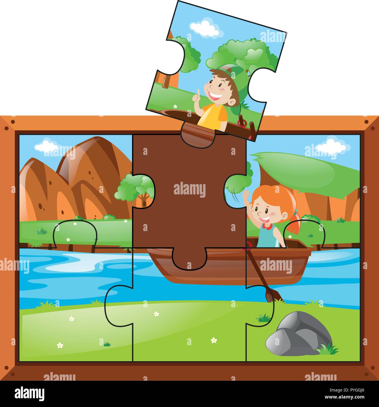 Jigsaw puzzle game with kids rowing boat illustration Stock Vector ...