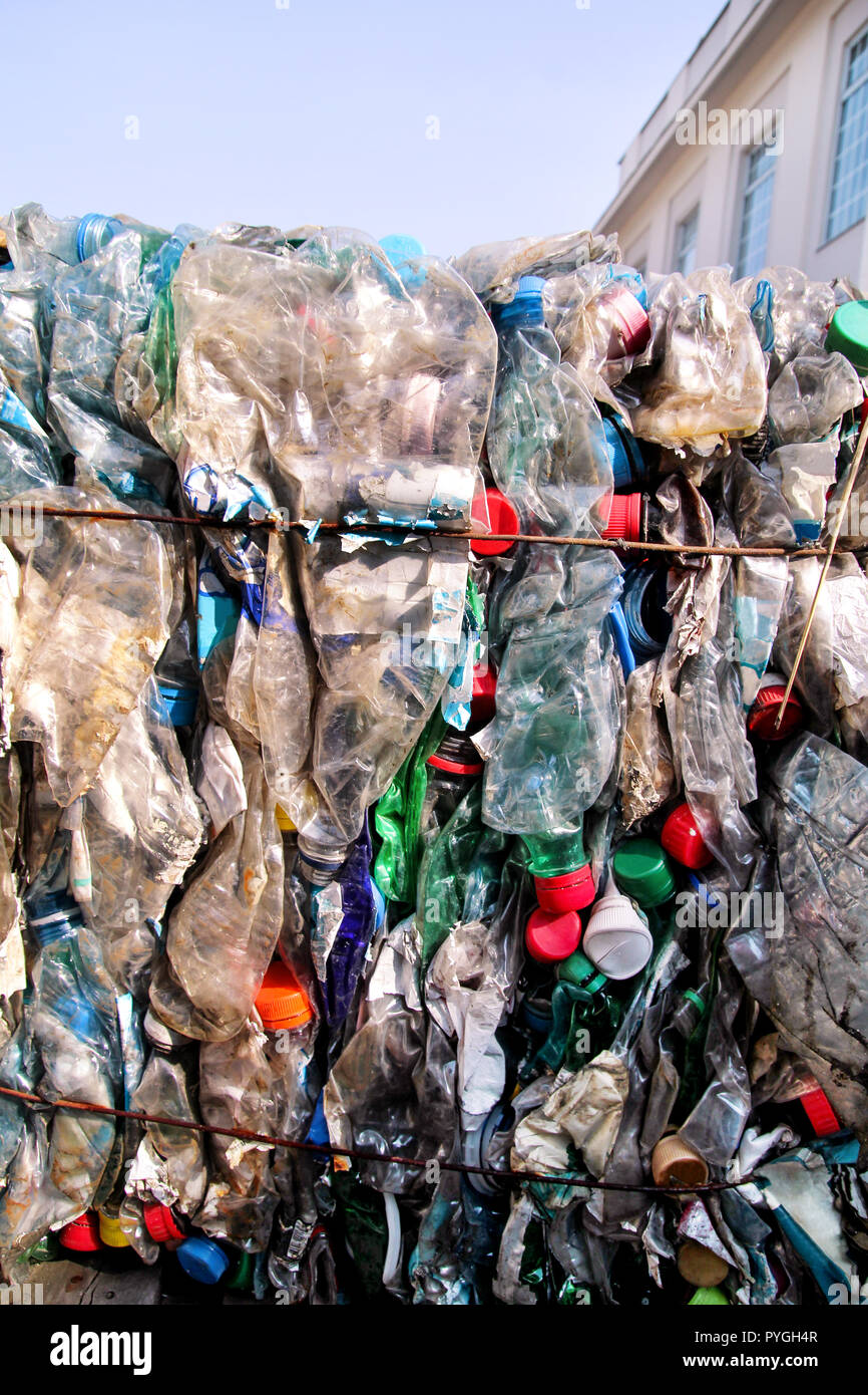 Plastic bottles on pile, ready to get recycled. Recycling of old ...