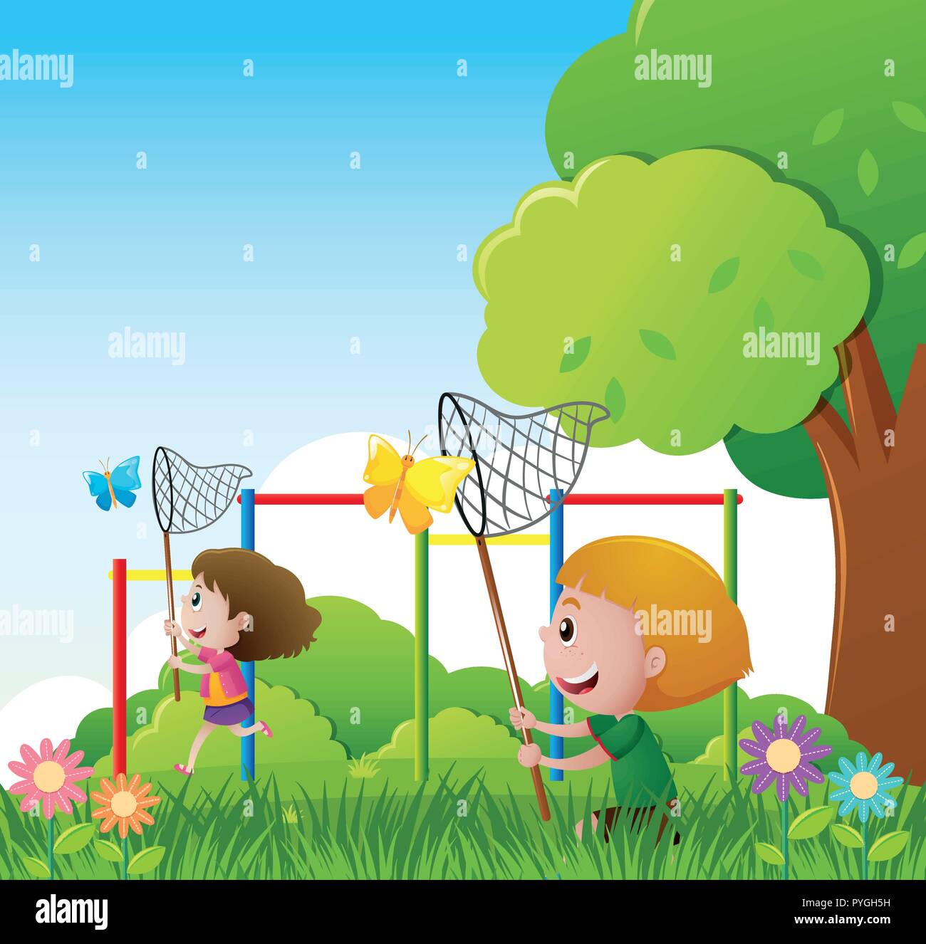 Two kids catching butterflies in garden illustration Stock Vector Image ...