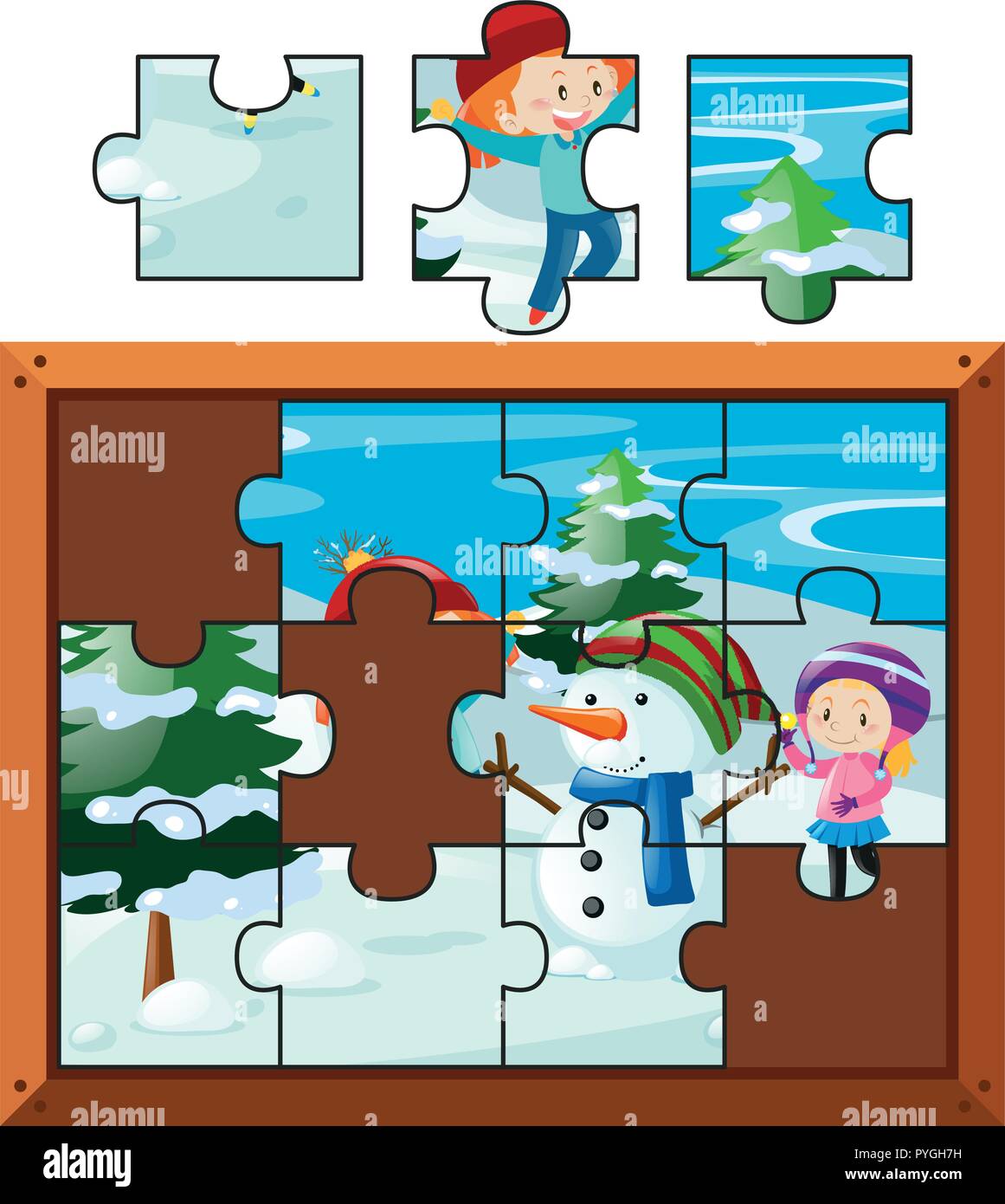 Jigsaw puzzle with kids playing snow illustration Stock Vector Image ...