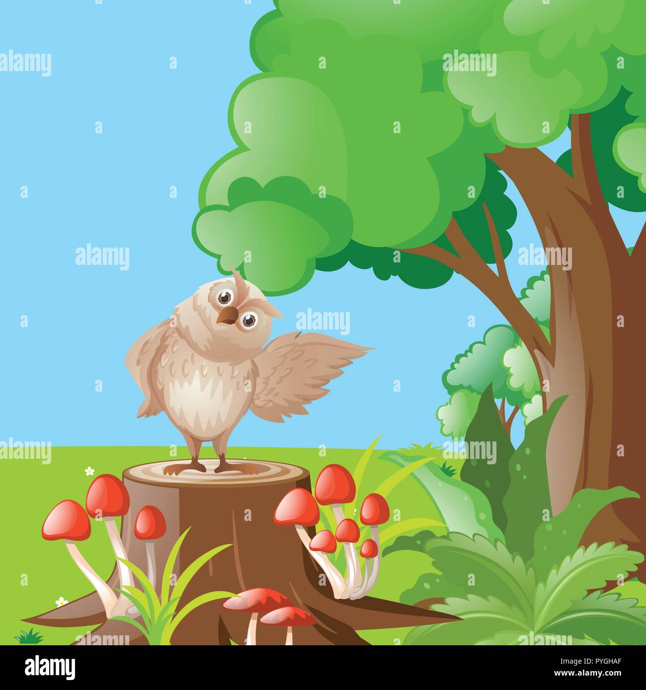 Owl standing on stump tree in forest illustration Stock Vector Image ...