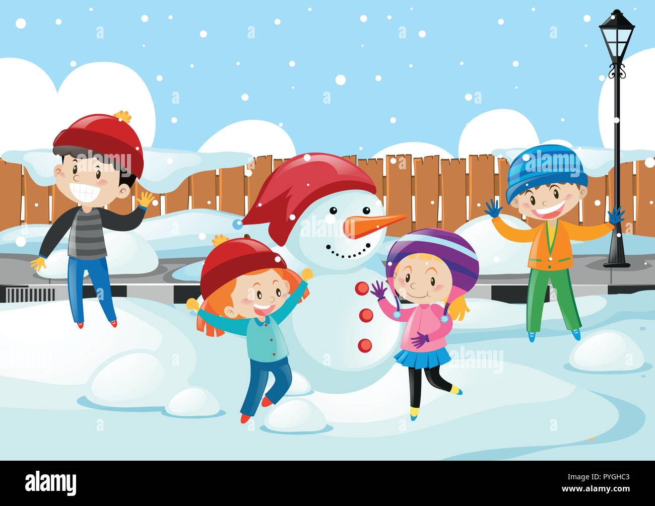 Happy children playing in the snow illustration Stock Vector Image ...