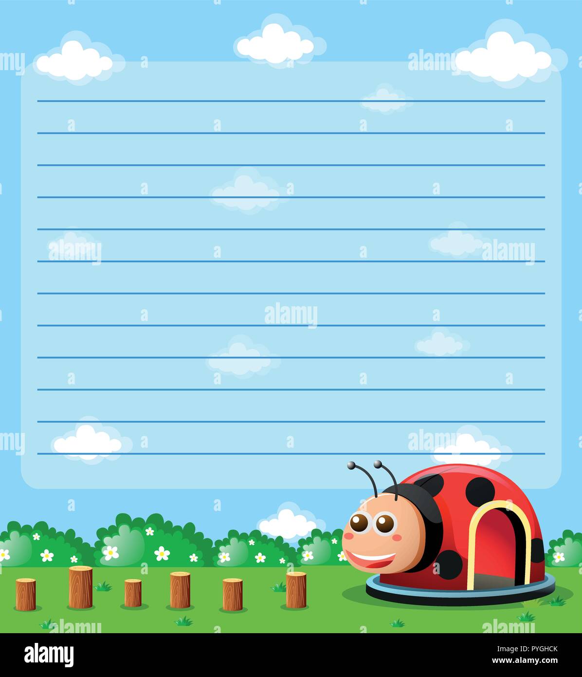 Line paper template with ladybug house in park illustration Stock ...