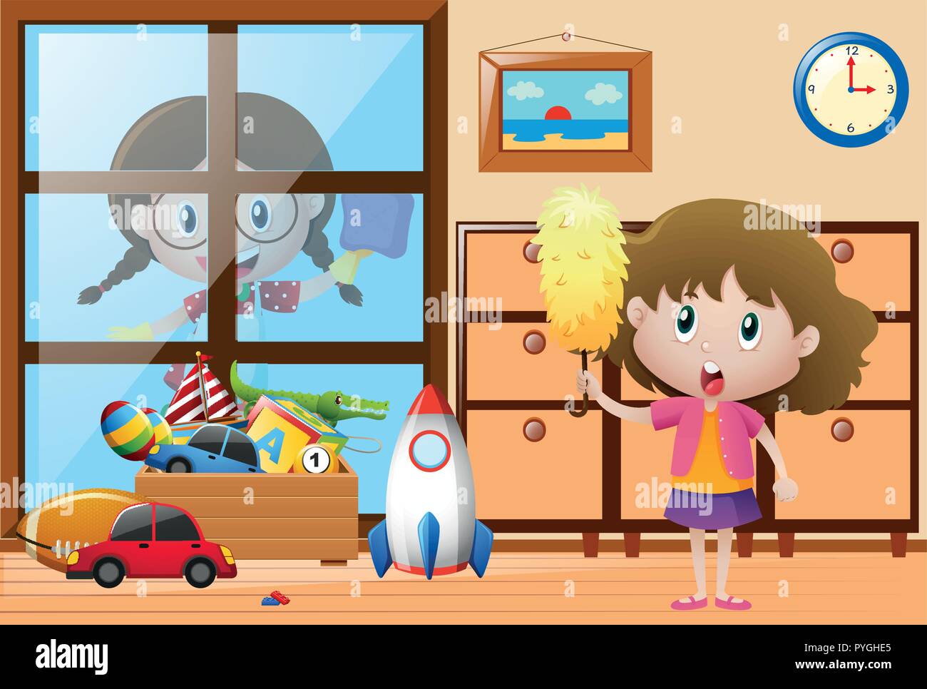 Two kids cleaning window and shelves at home illustration Stock Vector ...