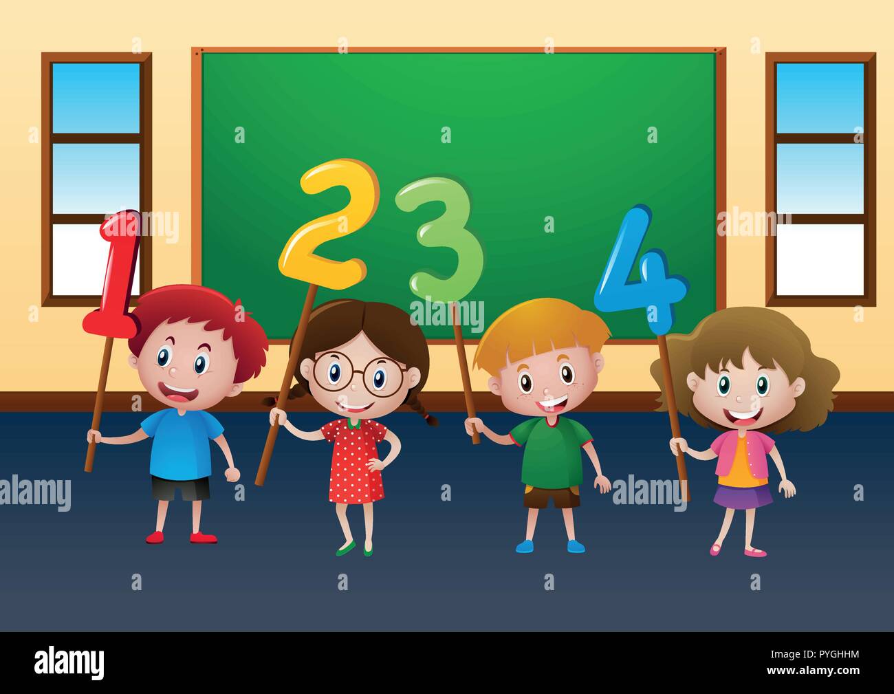 Happy children and numbers in classroom illustration Stock Vector Image ...