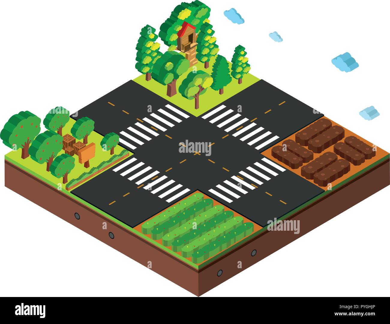 Isometric intersection scene with farming crops and trees illustration ...